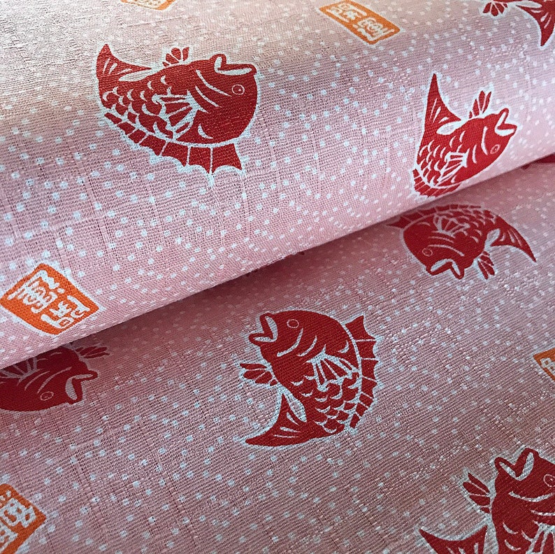 Red 鯛 Fish Pink Dobby Cotton Fabric Made in Japan - Etsy