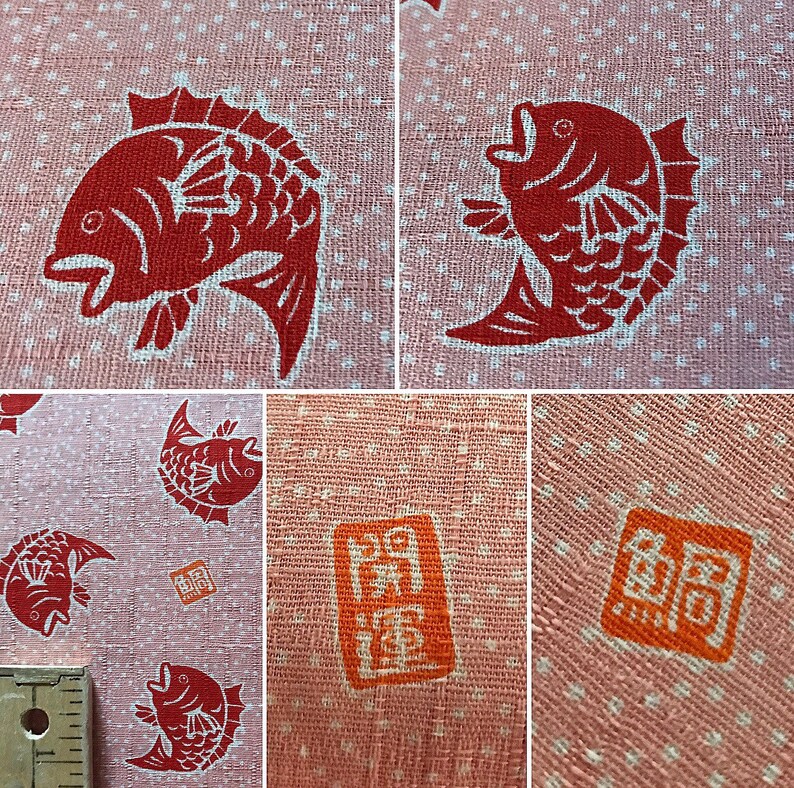 Red 鯛 Fish Pink Dobby Cotton Fabric Made in Japan - Etsy
