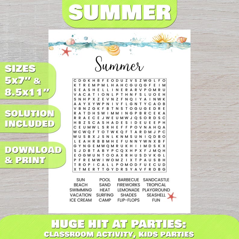 Printable Digital Summer Word Search Puzzle, Classroom Activity, Word ...