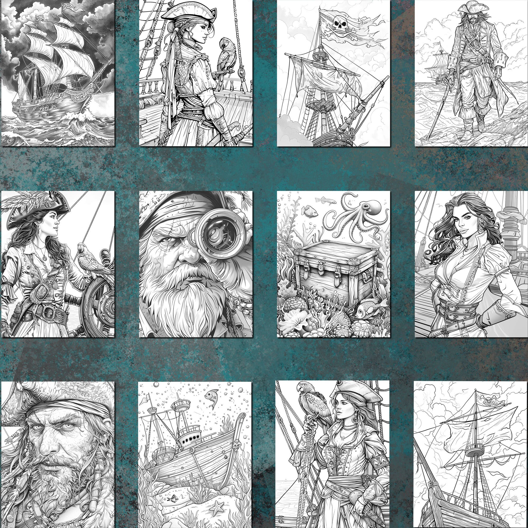 Pirates 40 Grayscale Digital Coloring Book for Adults Present Gift ...