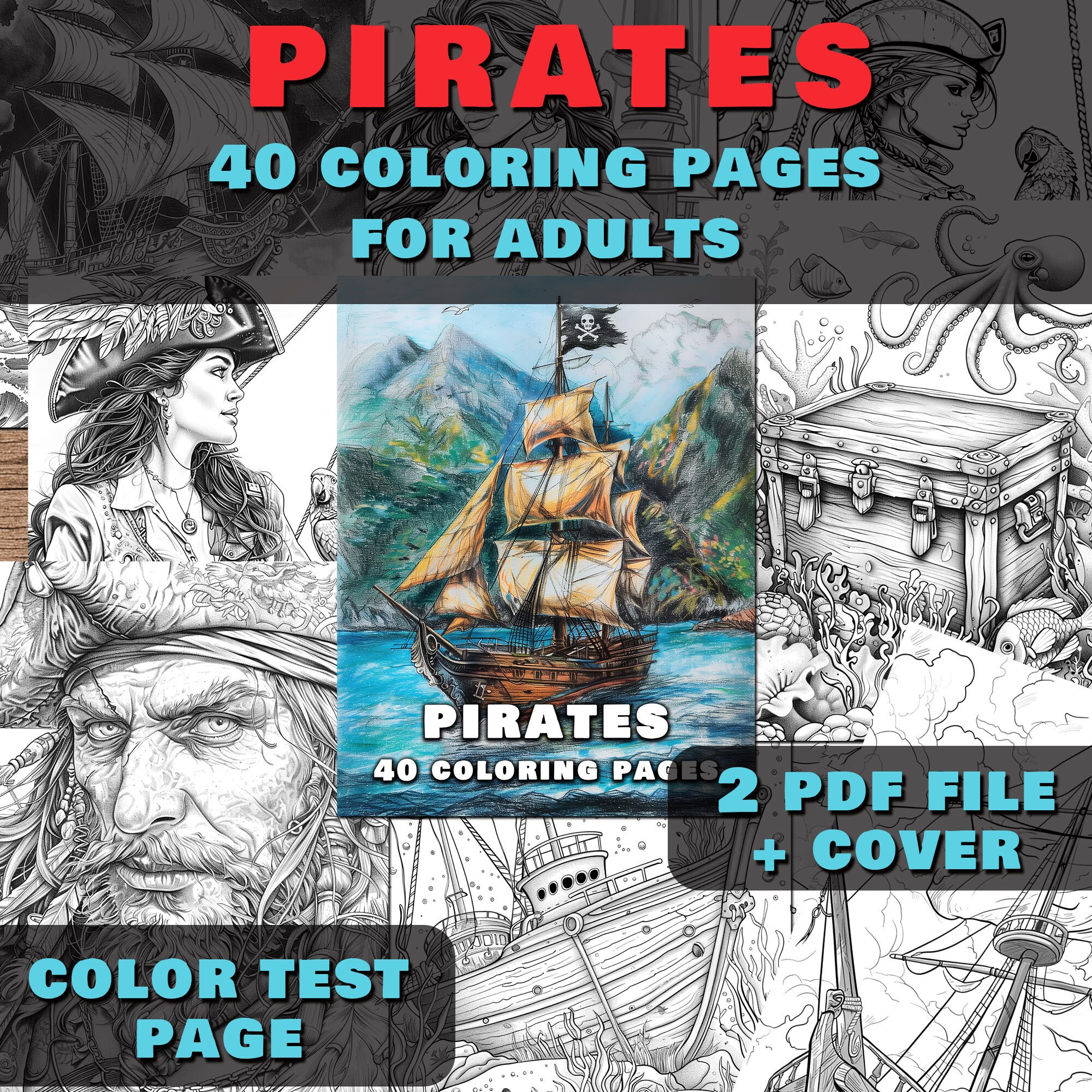 Pirates 40 Grayscale Digital Coloring Book for Adults Present Gift ...