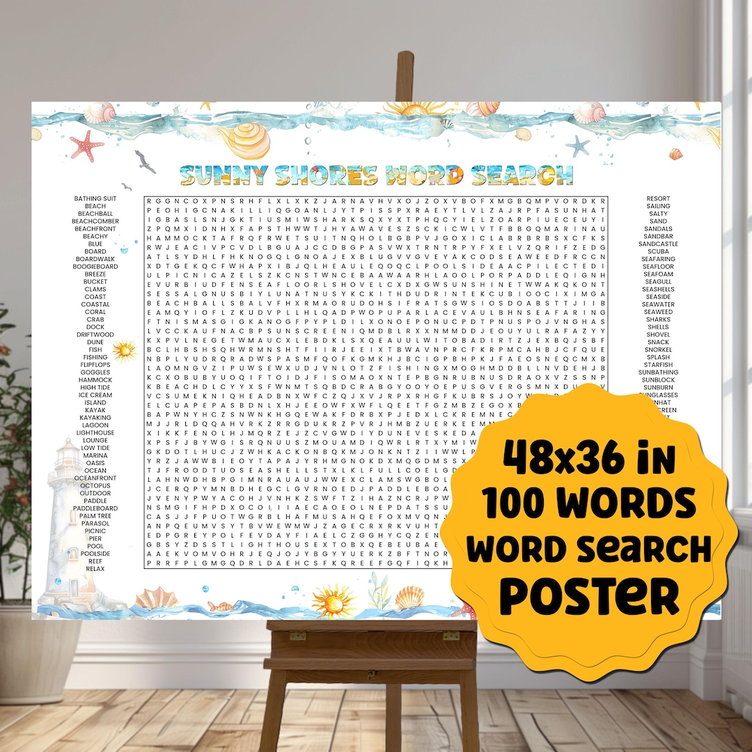 Gigantic Summer Beach 48x36" 100-word Word Search Puzzle, Party ...