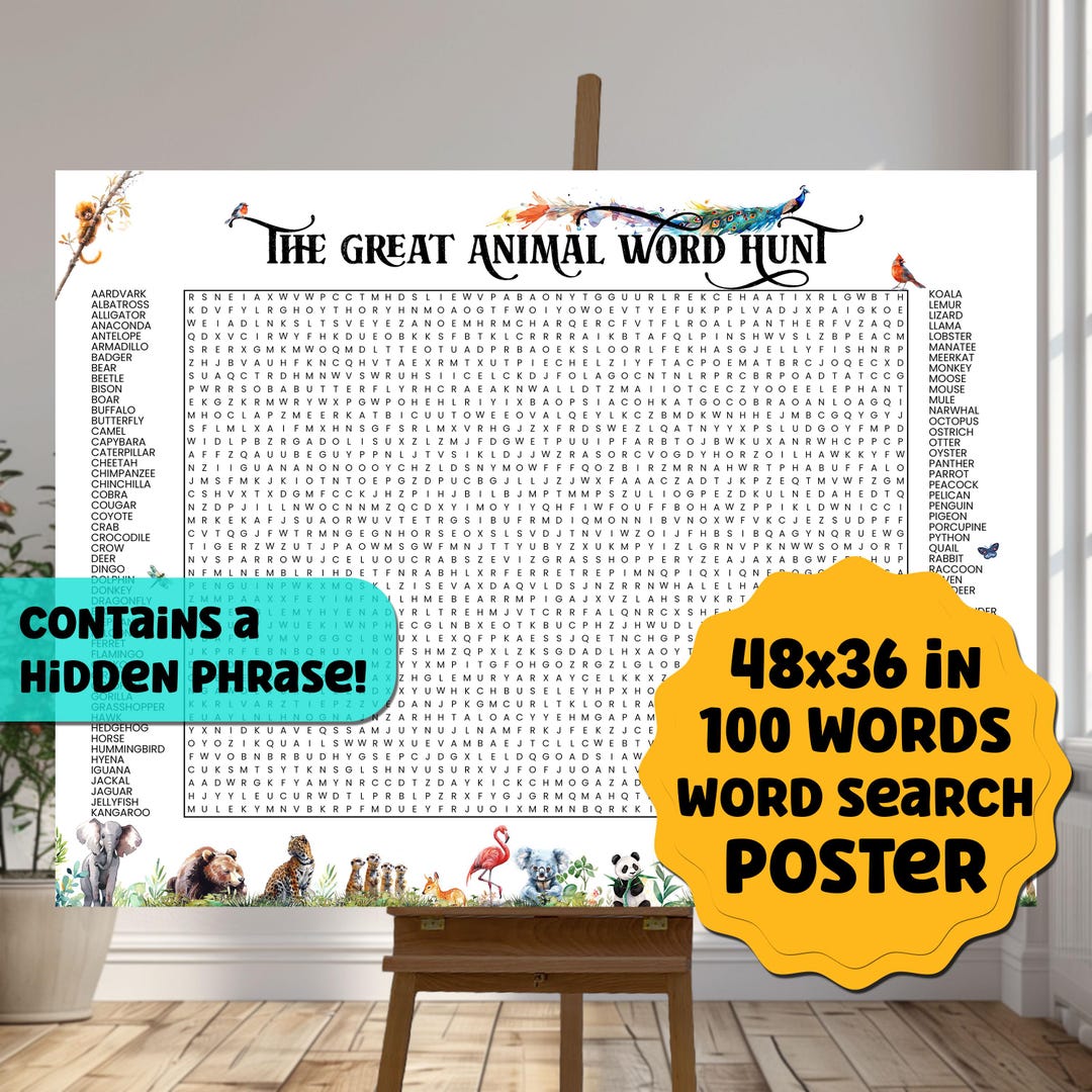 Gigantic Animals 48x36" 100-word Word Search Puzzle Poster, Kids Party ...