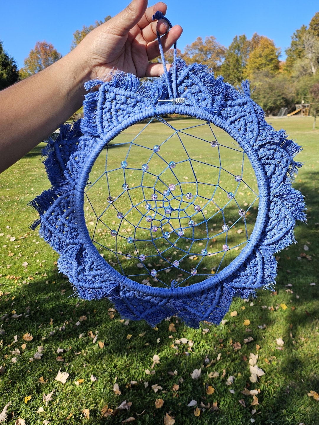 Blue Macrame Dreamcatcher: Beaded Native American Inspired Wall Art - Etsy