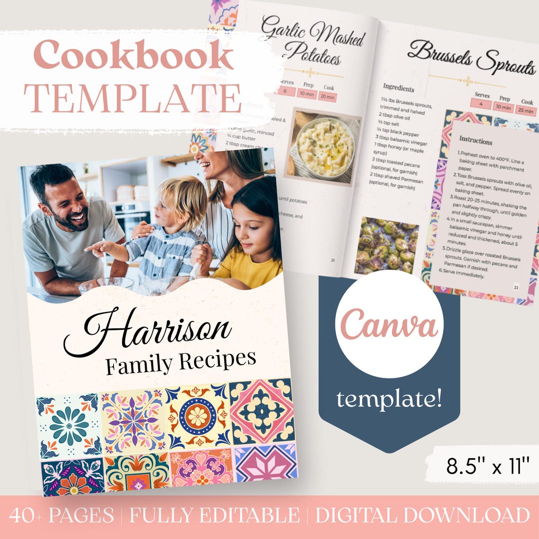 Editable Family Cookbook Template: Colorful Tile Design (canva Digital ...