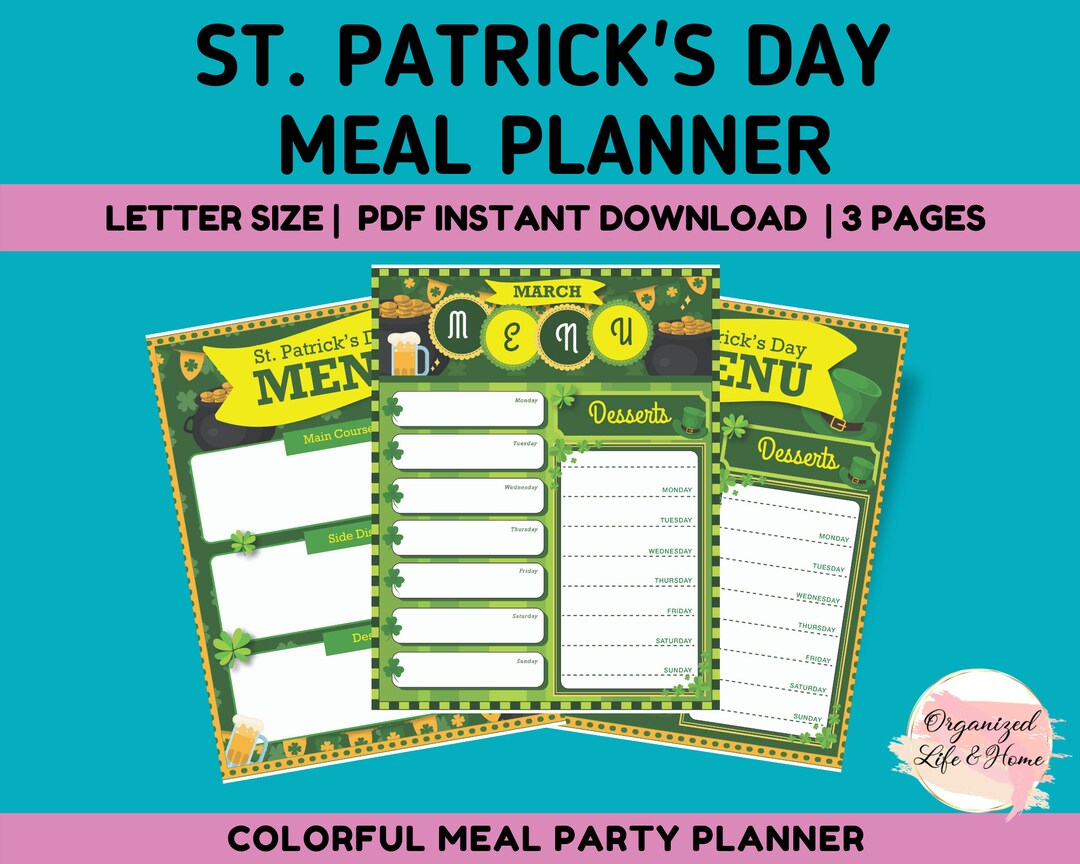 St Patrick's Day March Celebration Menu Meal Dinner Printable Planner ...