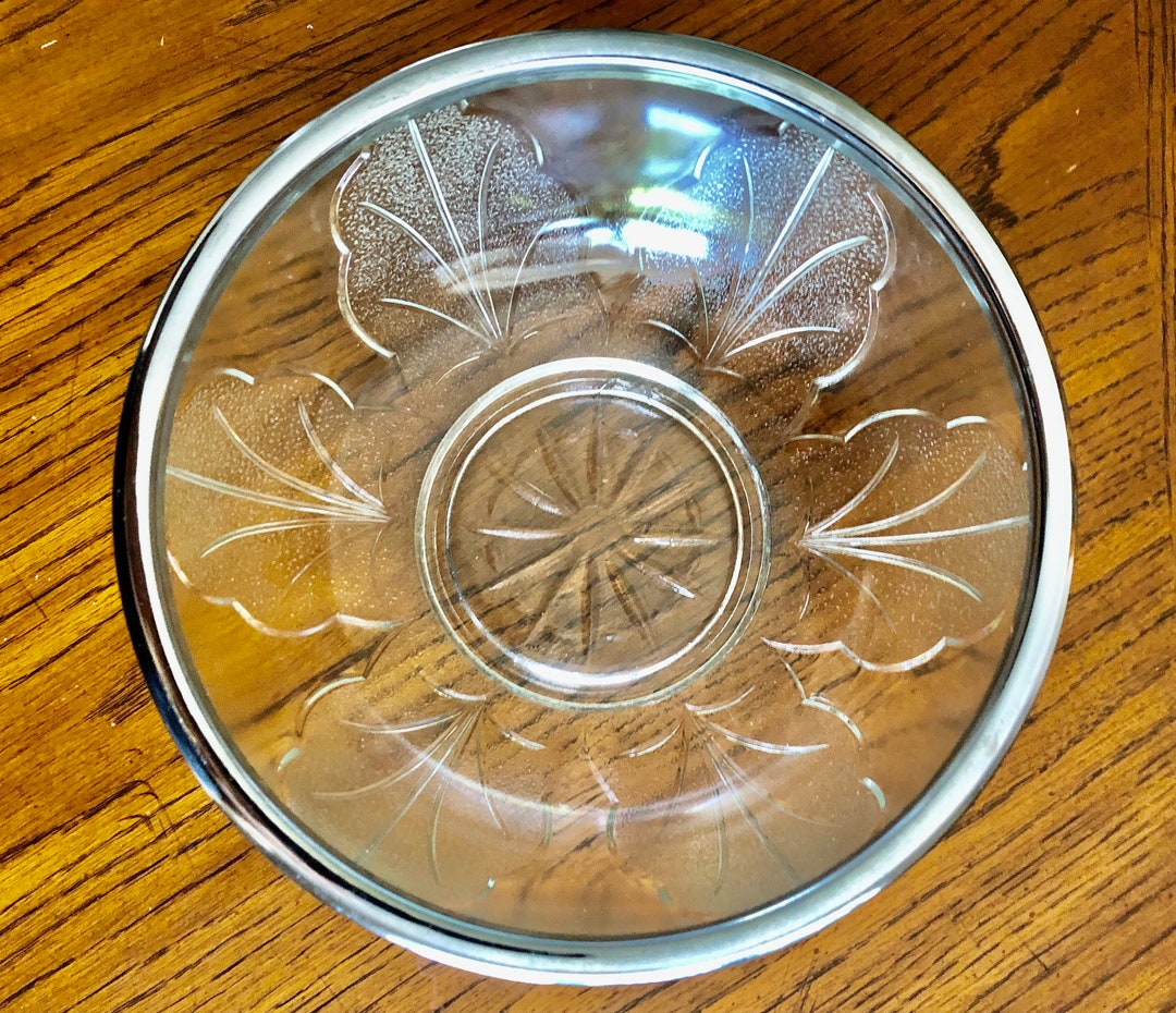 Vintage Clear Glass Round Serving Bowl With Silver Plated Rim - Etsy