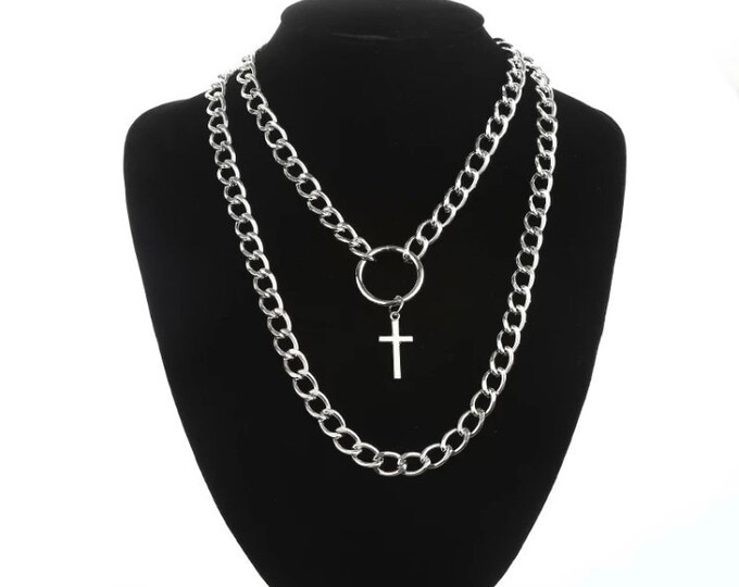 Layered Chain Necklace Punk Fashion Cross Pendants Women Men - Etsy