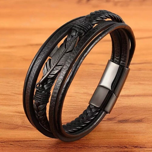 Leaf Feather Multilayer Leather Bracelet For Men Women Fashion Etsy