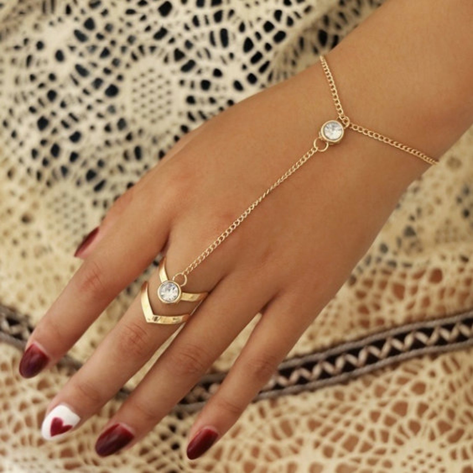 Gold Crystal Ring Bracelet Wrist Chain Jewelry Fashion Hand - Etsy