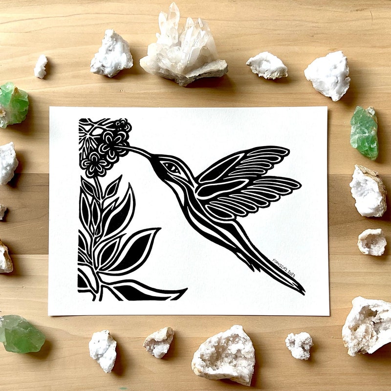 Linocut Print Hummingbird - Etsy