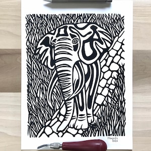 The Blue Elephant Linoleum Block Print Woodblock Safari Lovers Gift ...