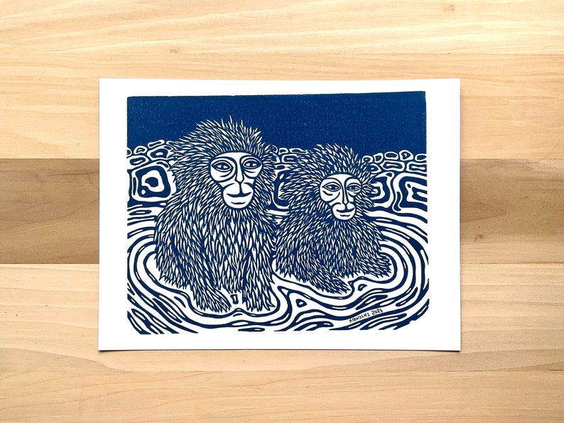 The Blue Snow Monkeys Linoleum Block Print Monkey Art Japanese Onsen ...