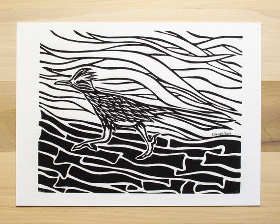 The Road Runner Linoleum Block Print Handmade Hand Carved | Etsy