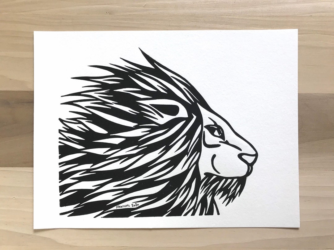 The Lion - Linoleum Block Print Lion Kitten Cat Lovers Nature Animal ...