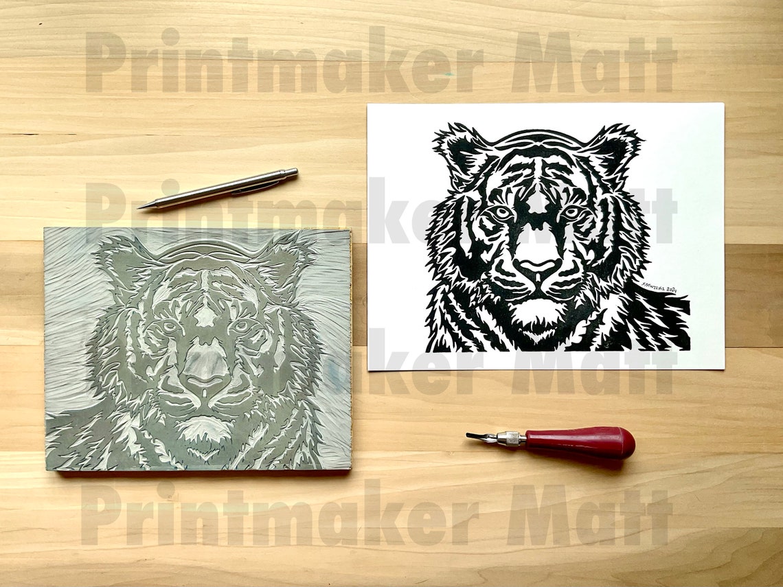 Tiger / Linoleum Block Print Wood Block Handmade Hand Carved Unique ...
