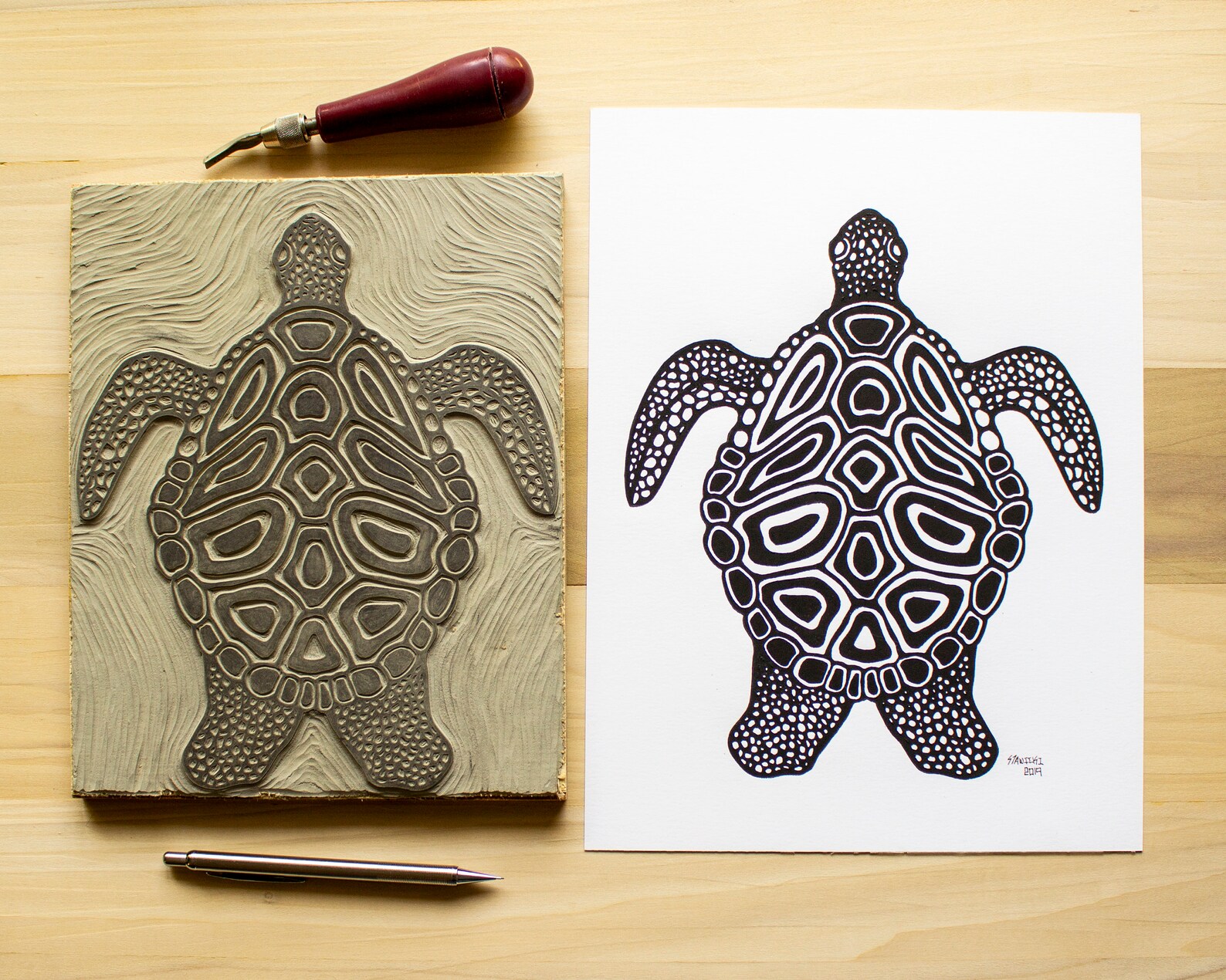 The Sea Turtle Linoleum Block Print handmade hand carved | Etsy