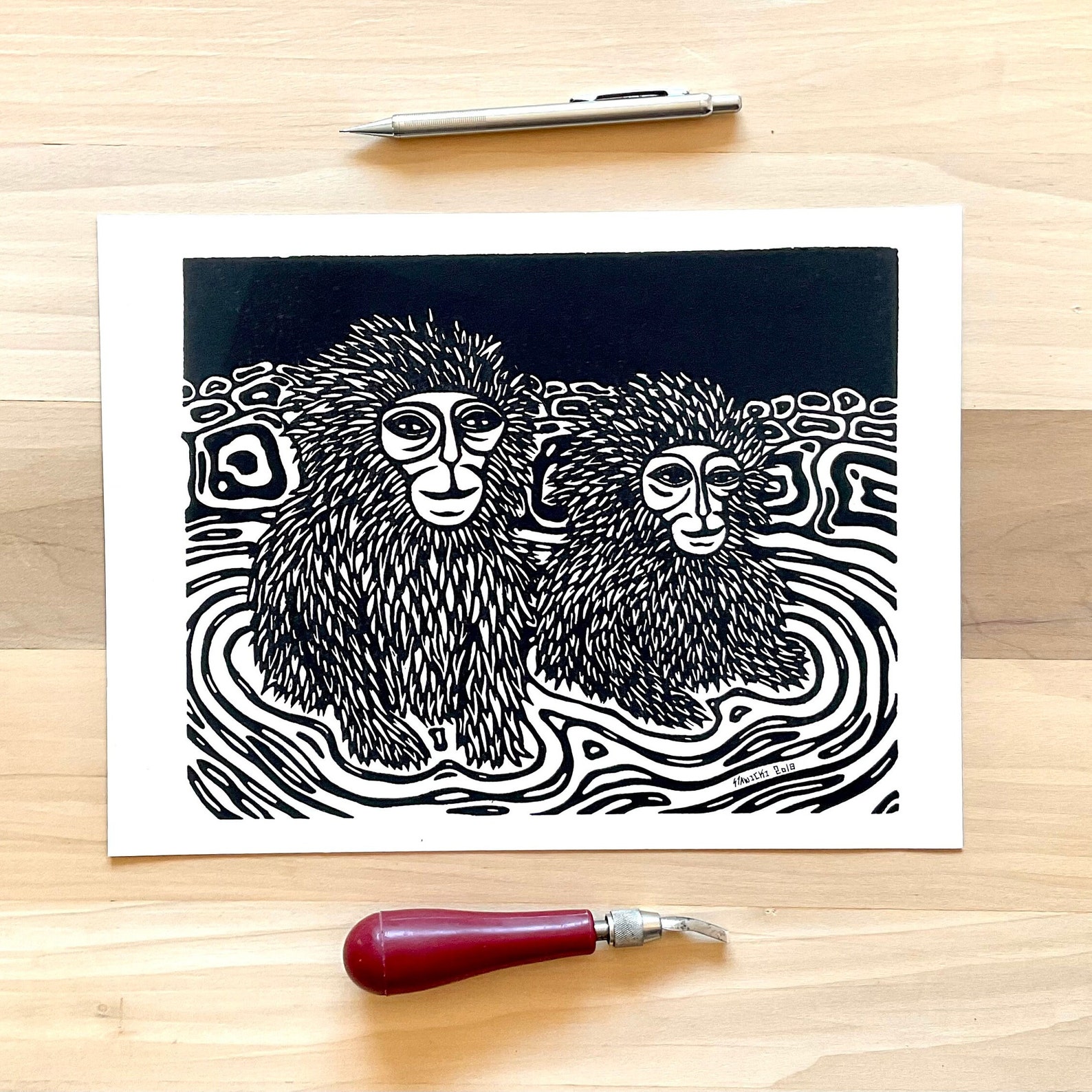 The Blue Snow Monkeys Linoleum Block Print Monkey Art Japanese Onsen ...