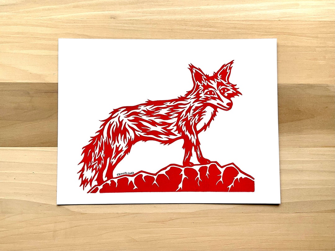 The Red Fox Linoleum Block Print Fun Funky Foxes Vixen Wood Block ...