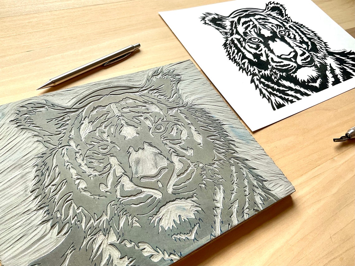 Tiger / Linoleum Block Print Wood Block Handmade Hand Carved Unique ...