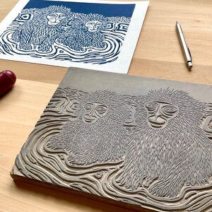 The Blue Snow Monkeys Linoleum Block Print Monkey Art Japanese Onsen ...