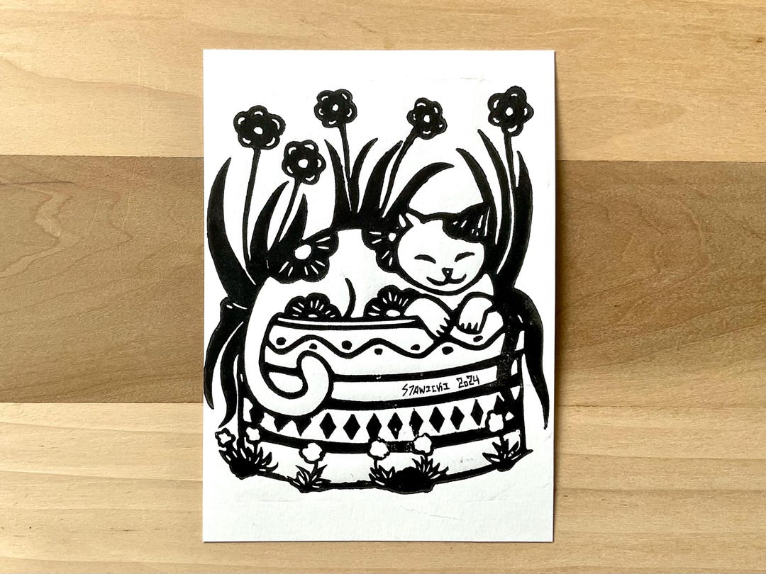 Cat in a Flower Pot Cat Linoleum Block Print Wood Block Handmade Hand ...