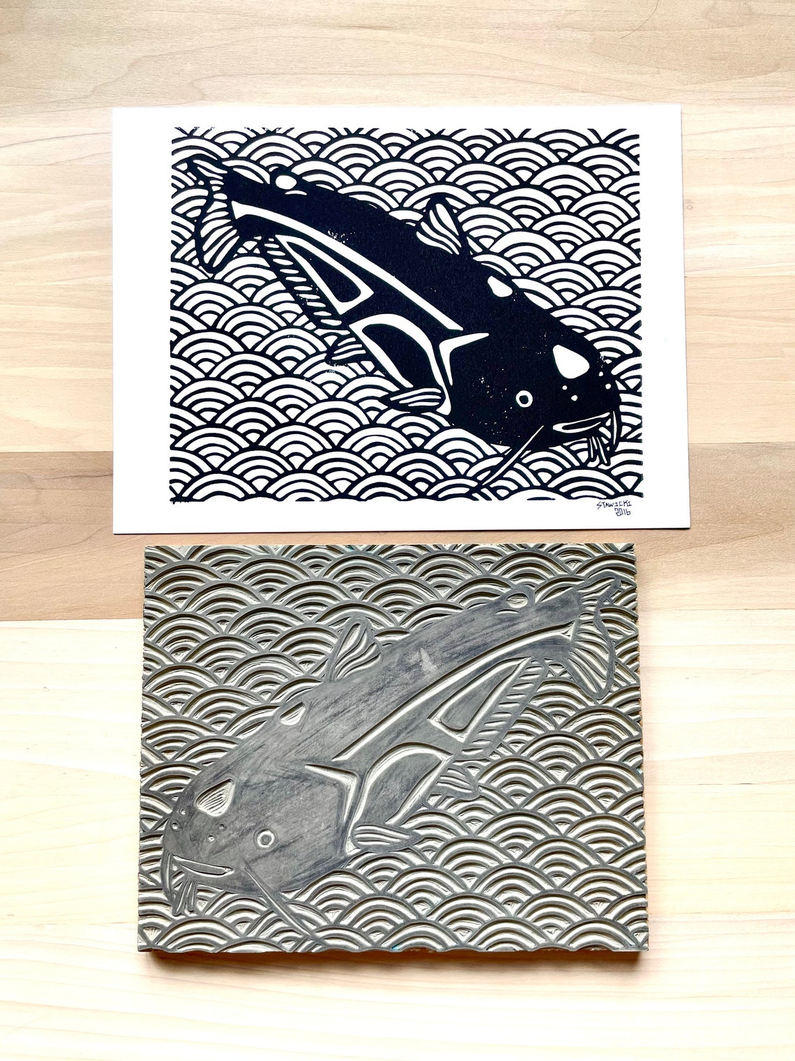 The Japanese Catfish / Linoleum Block Print Hand Carved Asian | Etsy