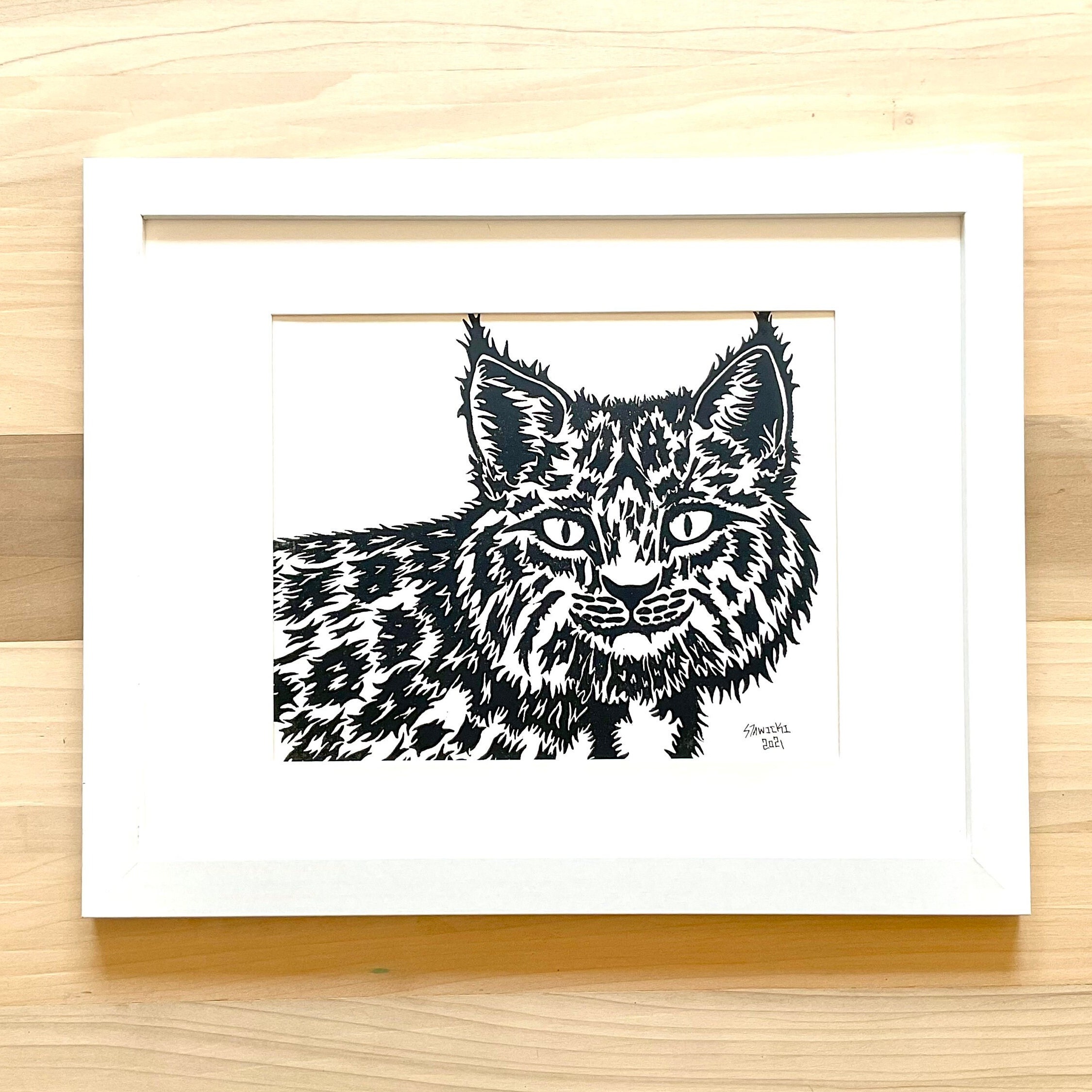 Bobcat Long Hair Cat / Linoleum Block Print Wood Block Handmade Unique ...