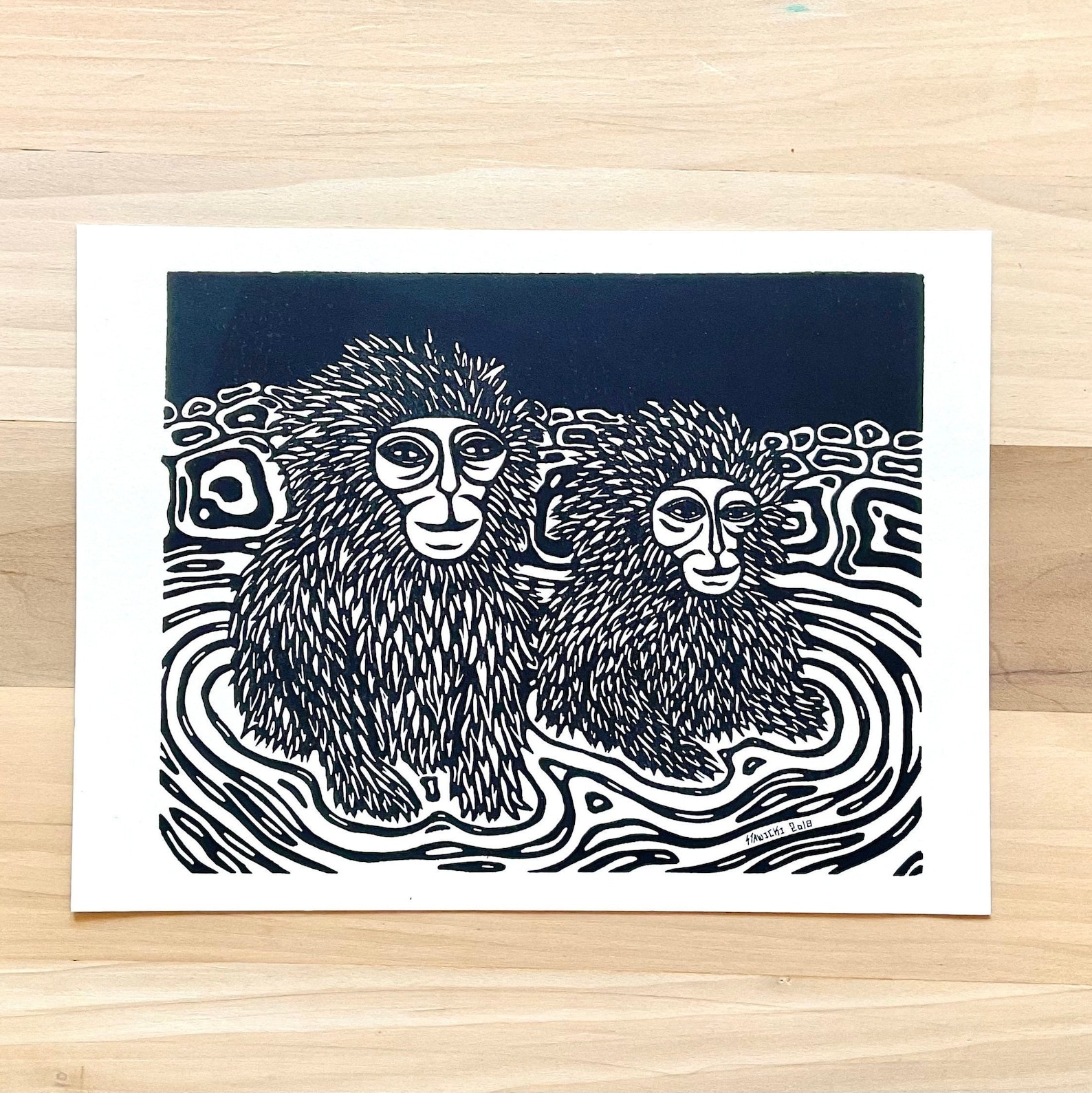 The Blue Snow Monkeys Linoleum Block Print Monkey Art Japanese Onsen ...