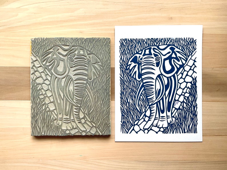 The Blue Elephant Linoleum Block Print Woodblock Safari Lovers Gift ...