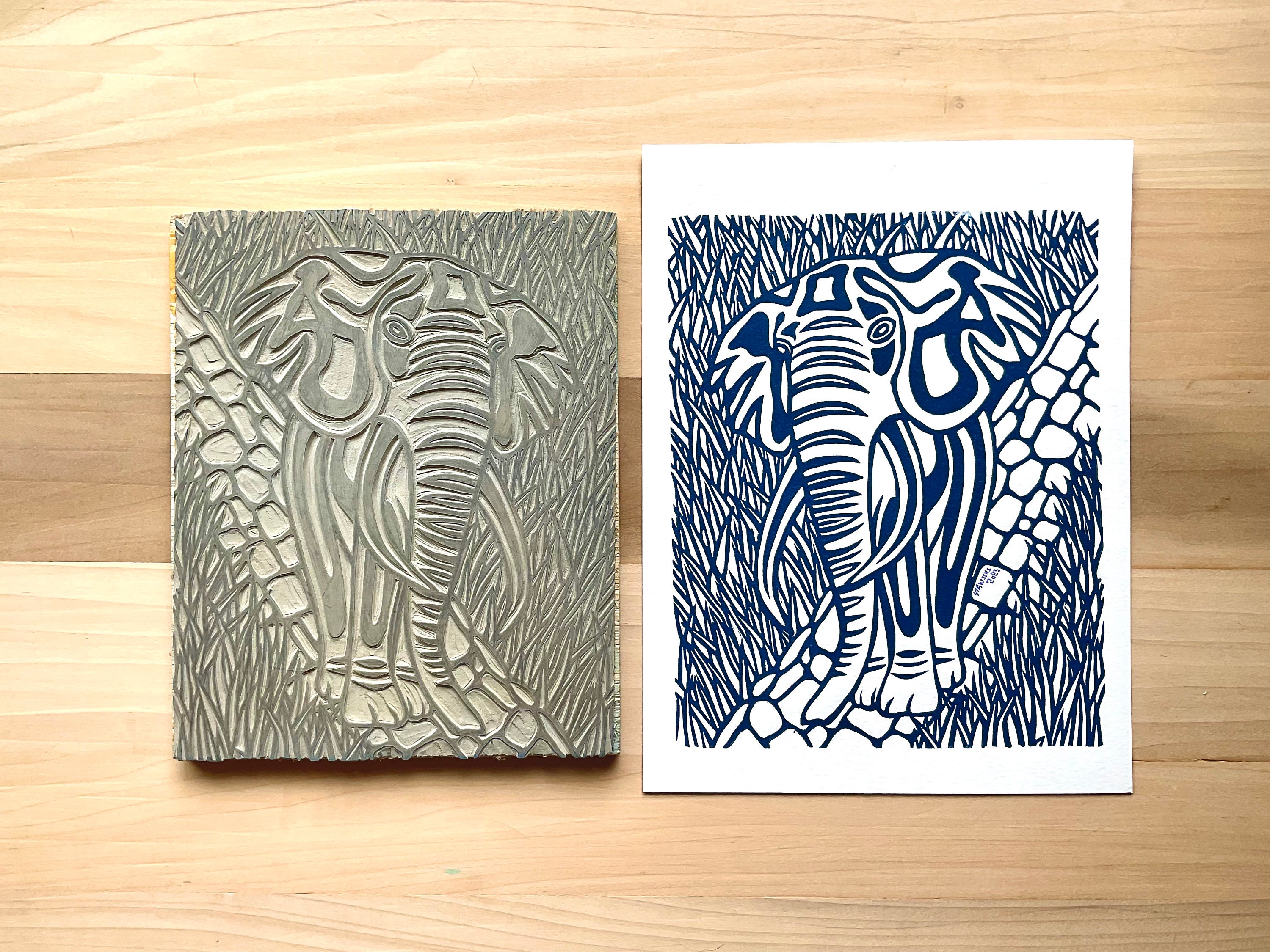 The Blue Elephant Linoleum Block Print Woodblock Safari Lovers Gift ...