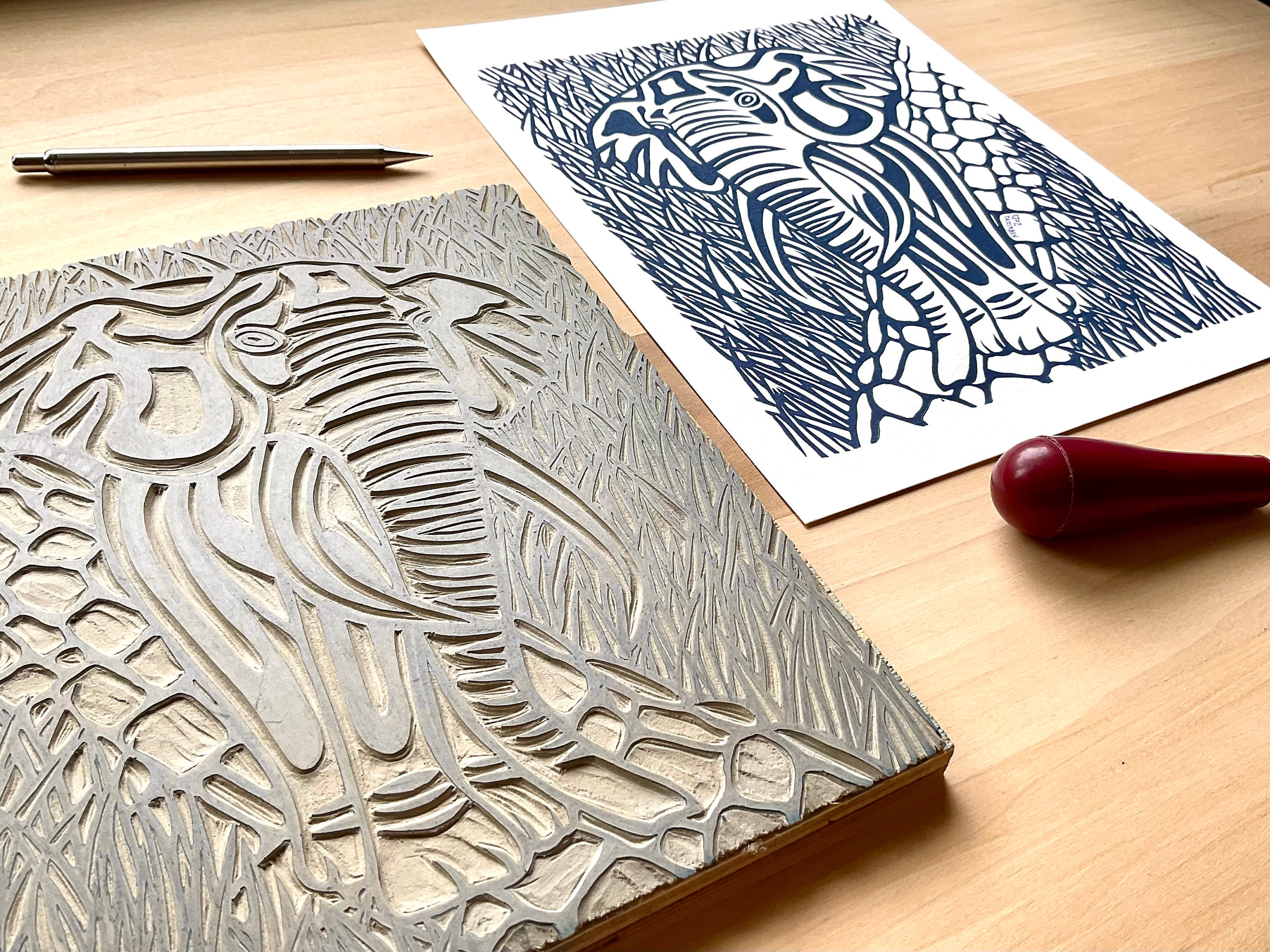 The Blue Elephant Linoleum Block Print Woodblock Safari Lovers Gift ...