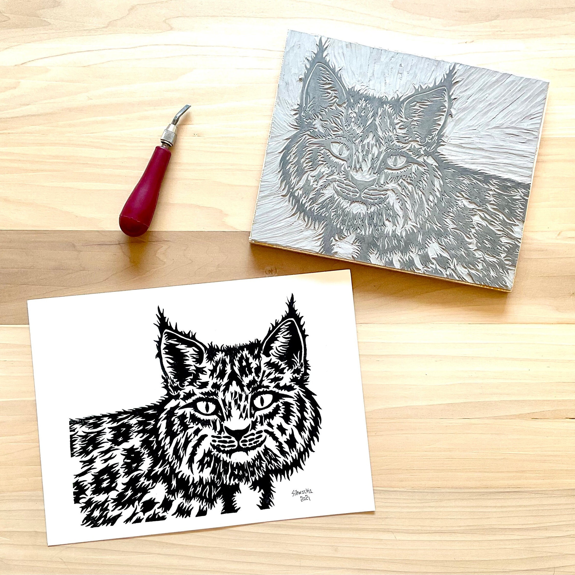 Bobcat Long Hair Cat / Linoleum Block Print Wood Block Handmade Unique ...