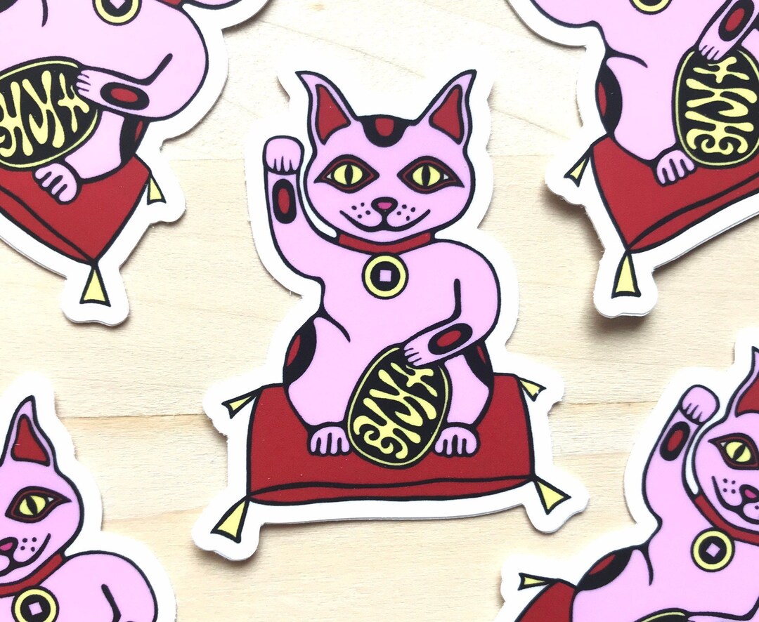 Pink Maneki Neko 3in Vinyl Sticker Money Come Cute Cat Animals Water ...