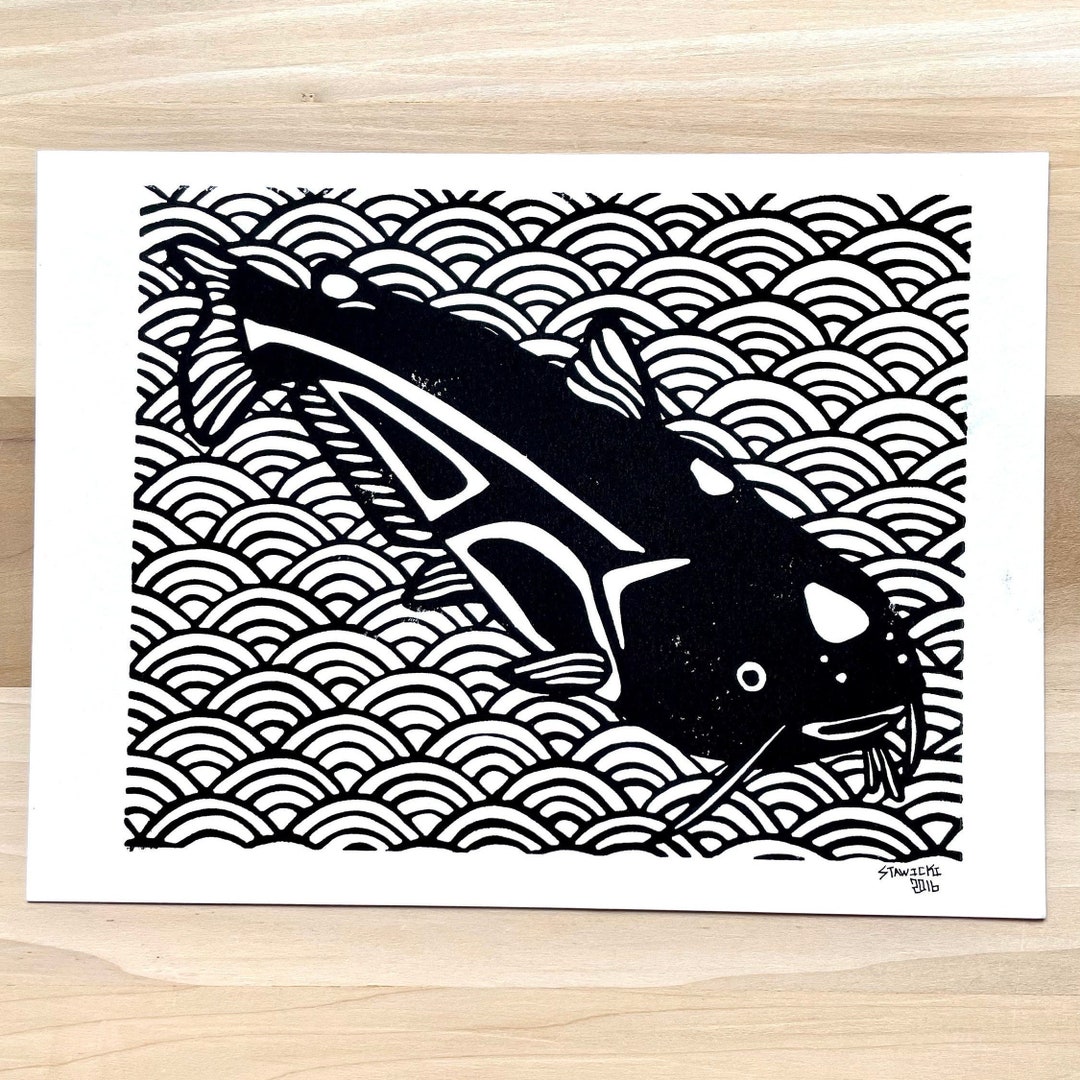 The Japanese Catfish / Linoleum Block Print Hand Carved Asian Style ...