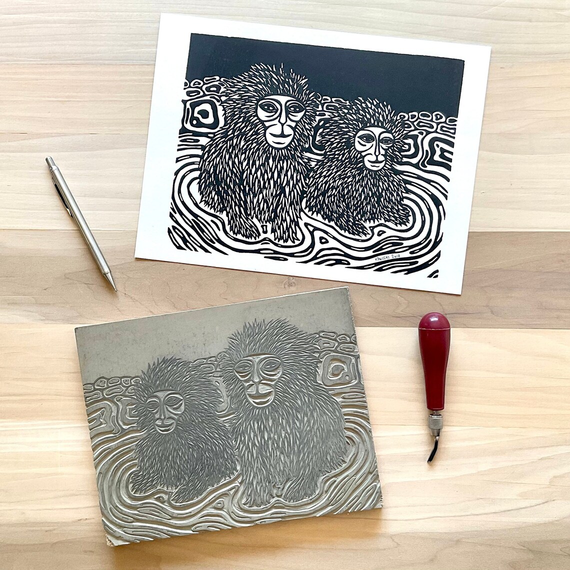 The Blue Snow Monkeys Linoleum Block Print Monkey Art Japanese - Etsy