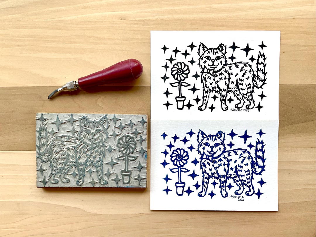 Koyuki Kitty Cat Linoleum Block Print Wood Block Handmade Hand Carved ...