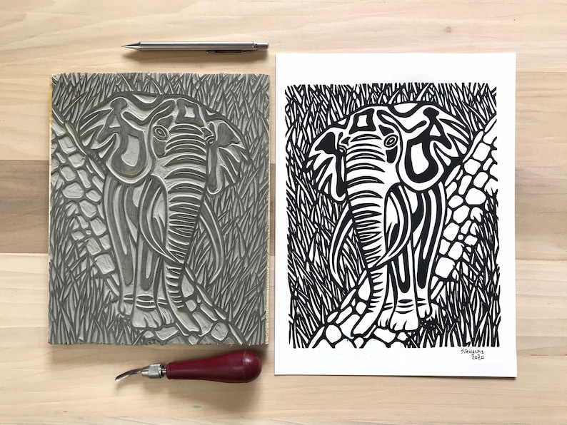 The Elephant Linoleum Block Print Woodblock Safari Lovers Gift Animal ...