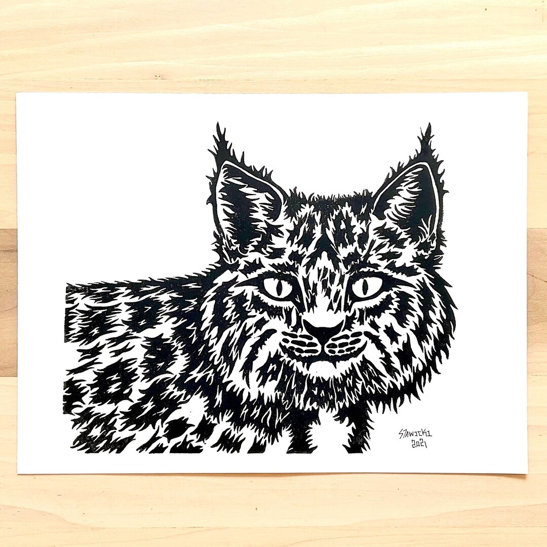Bobcat Long Hair Cat / Linoleum Block Print Wood Block Handmade Unique ...