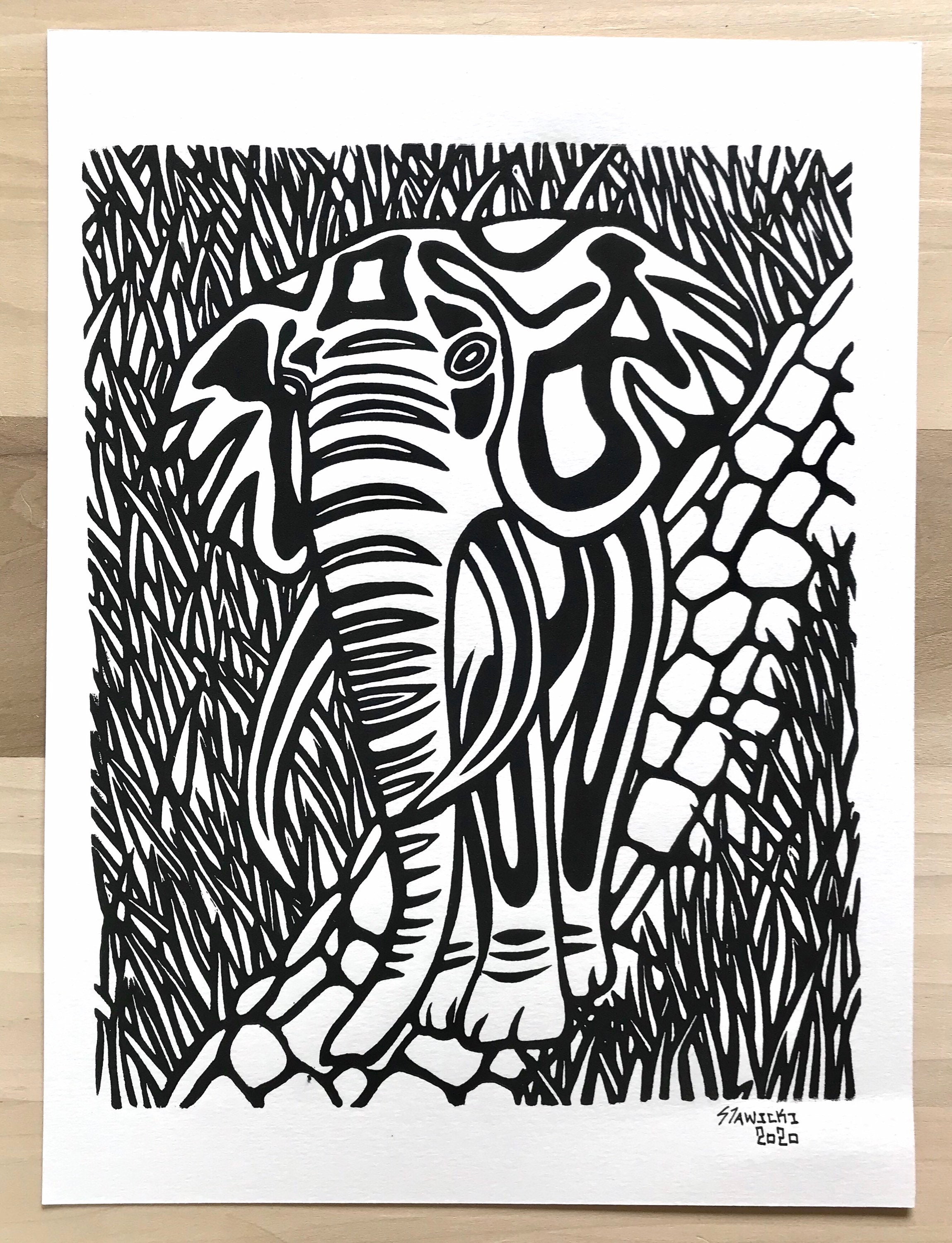 The Elephant Linoleum Block Print Woodblock Safari Lovers Gift Animal ...