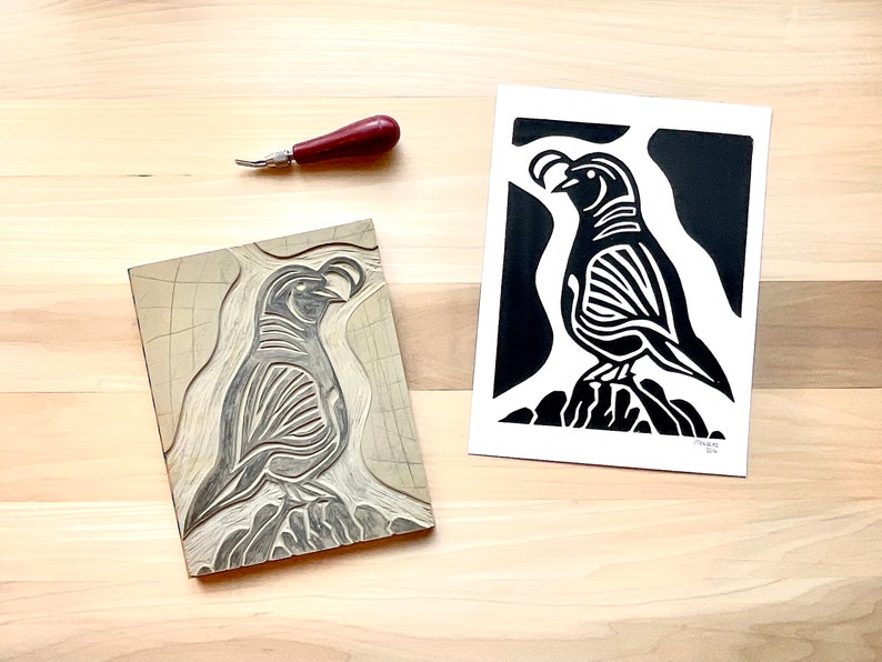 The Quail-linoleum Block Print Handmade Bird Art Print Bird - Etsy