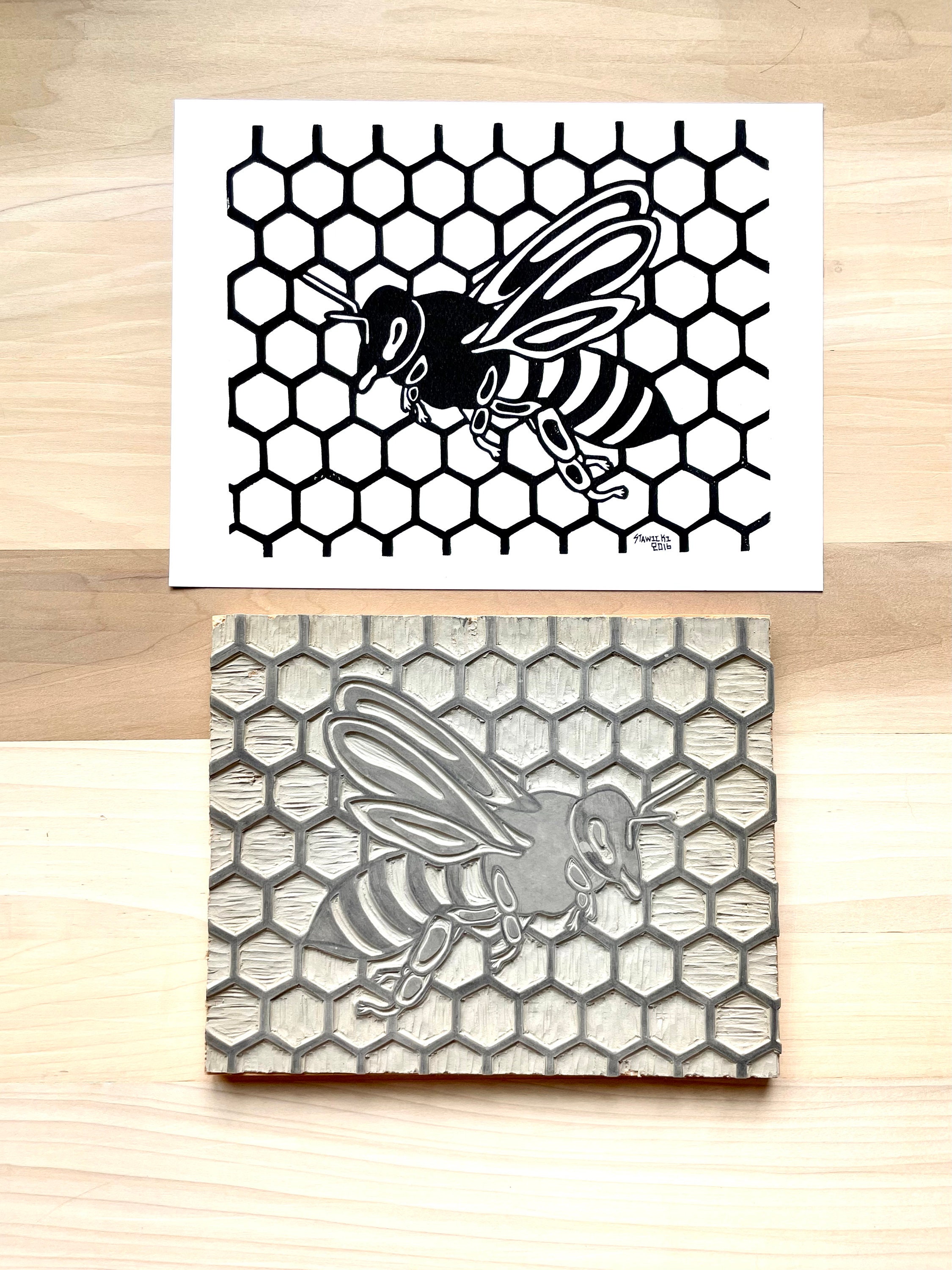 The Honey Bee Linoleum Block Print Cute Fun Woodblock Gift for Men ...