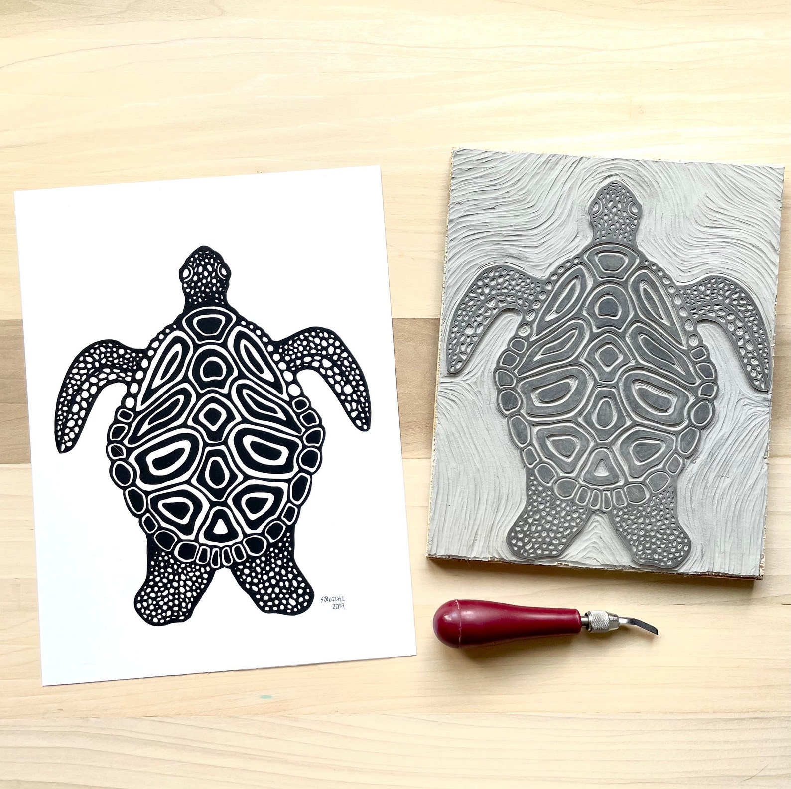 The Sea Turtle Linoleum Block Print Handmade Hand Carved - Etsy
