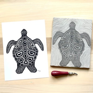 The Sea Turtle - Linoleum Block Print Handmade Hand Carved Original ...