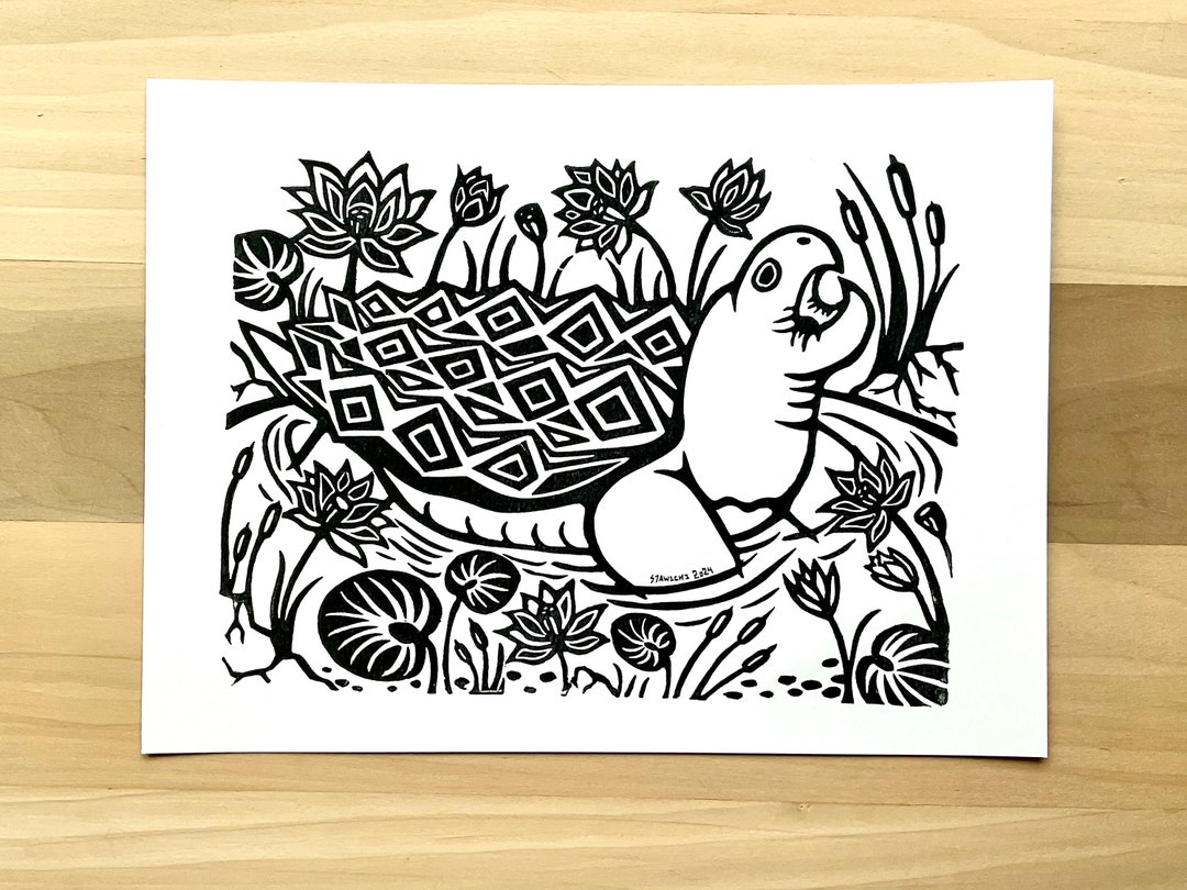 The Snapping Turtle - Linoleum Block Print Pond Lotus Turtle Nature ...