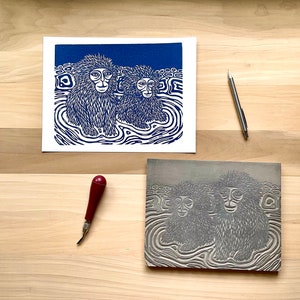 The Blue Snow Monkeys Linoleum Block Print Monkey Art Japanese Onsen ...