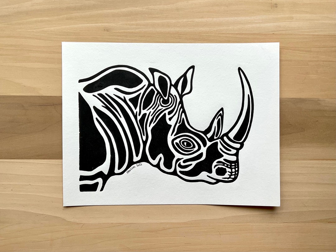 Rhino Block Print, African Animal Portrait, Black and White Art - Etsy