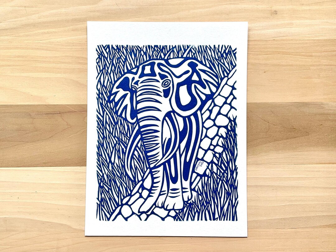 The Blue Elephant Linoleum Block Print Woodblock Safari Lovers Gift ...