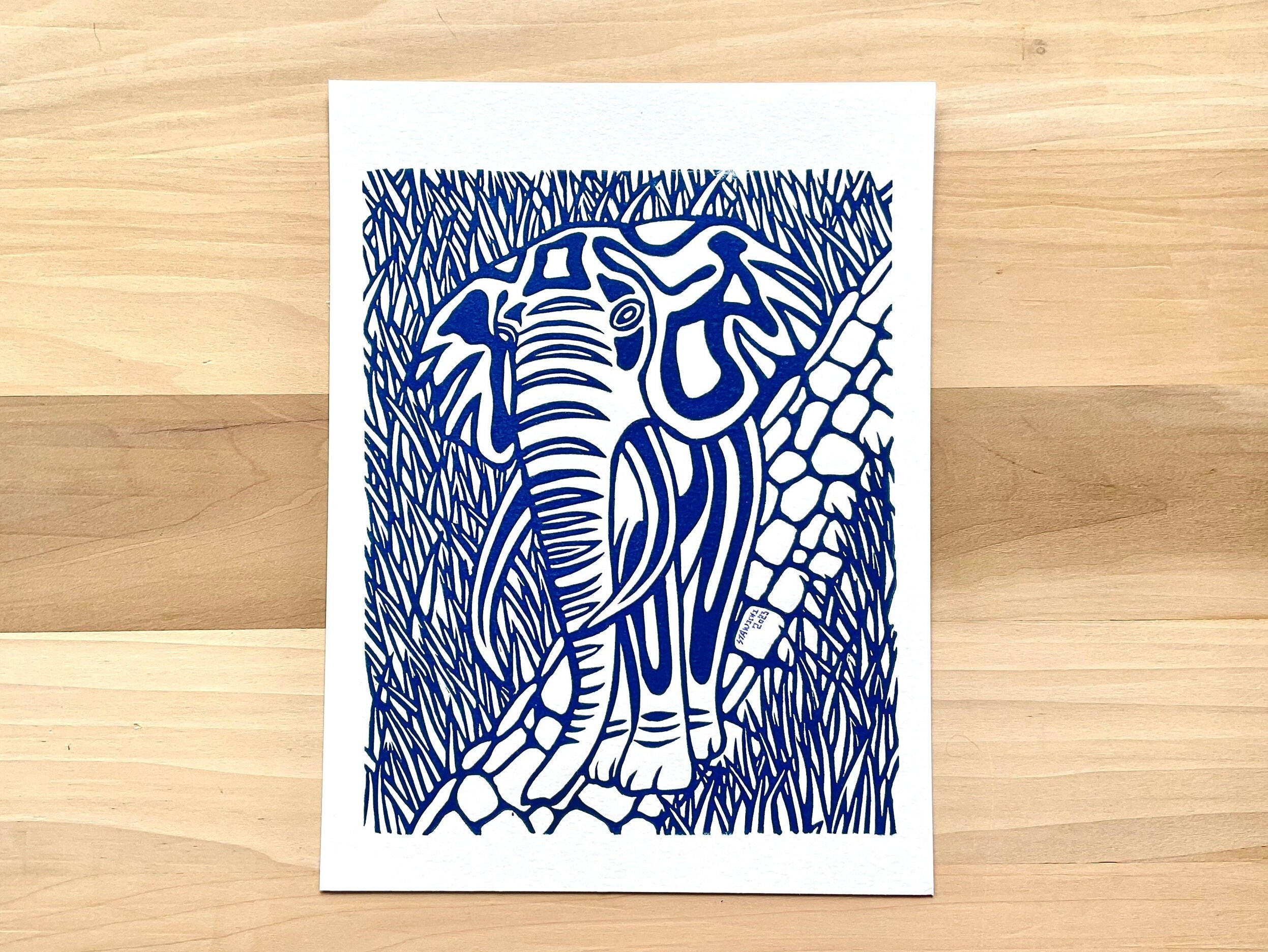 The Blue Elephant Linoleum Block Print Woodblock Safari Lovers Gift ...