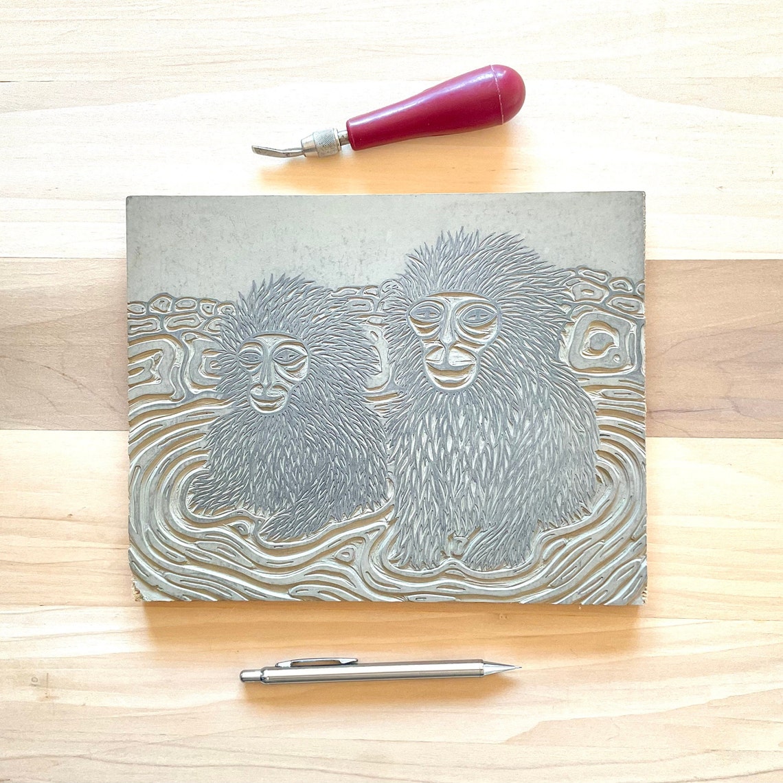 The Blue Snow Monkeys Linoleum Block Print Monkey Art Japanese Onsen ...